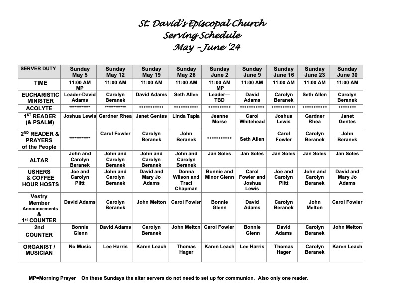 Server Schedule | St. David's Episcopal Church