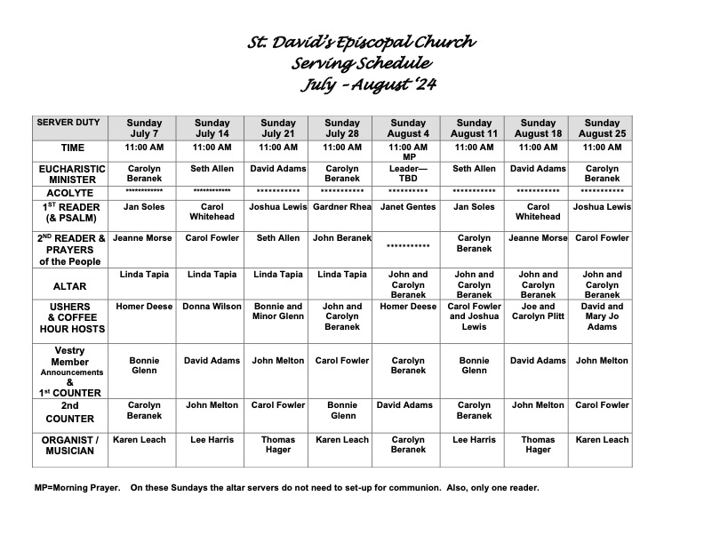 Server Schedule | St. David's Episcopal Church